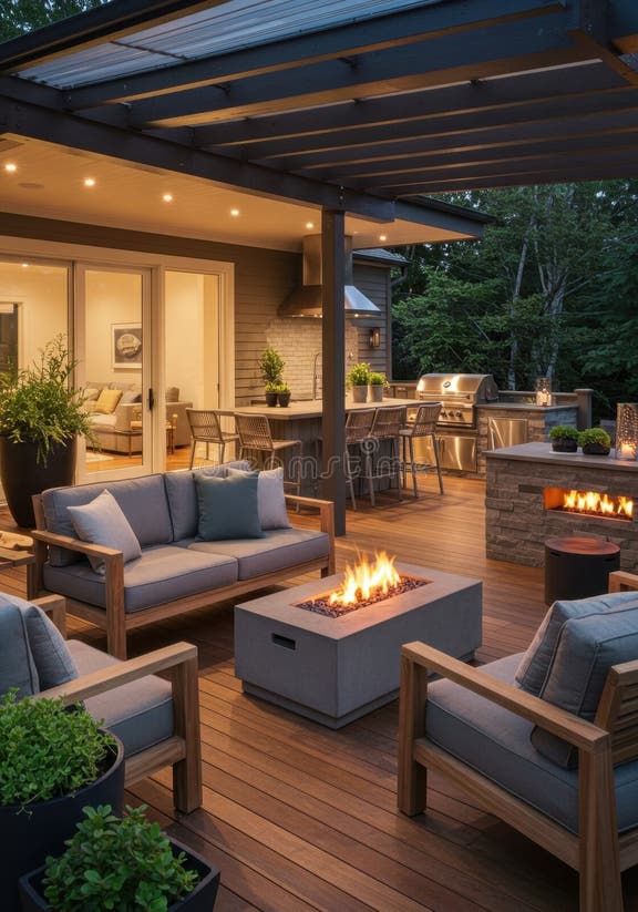 Modern Outdoor Patio with Fire Pit at Night Stock Image - Image of ...