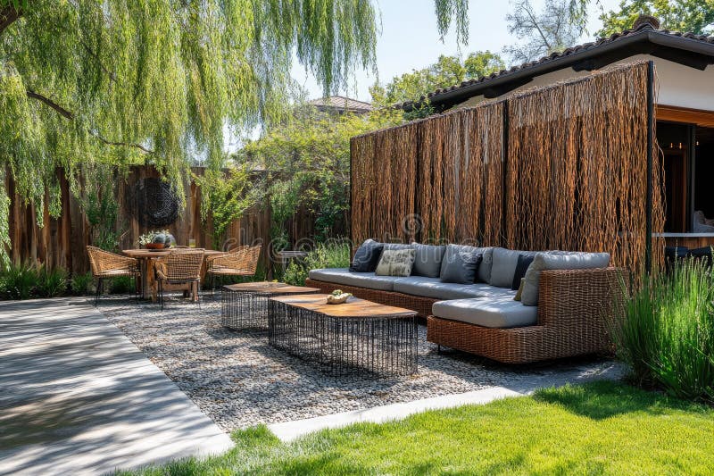 Modern Outdoor Patio with Seating and Dining Area Stock Illustration ...