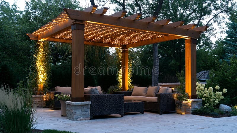 A Modern Outdoor Pergola Styled with Subtle Lighting and Soft Seating ...