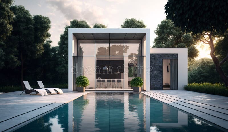 Modern Outdoor Pool Area with a Sleek Design. Generative AI Stock ...
