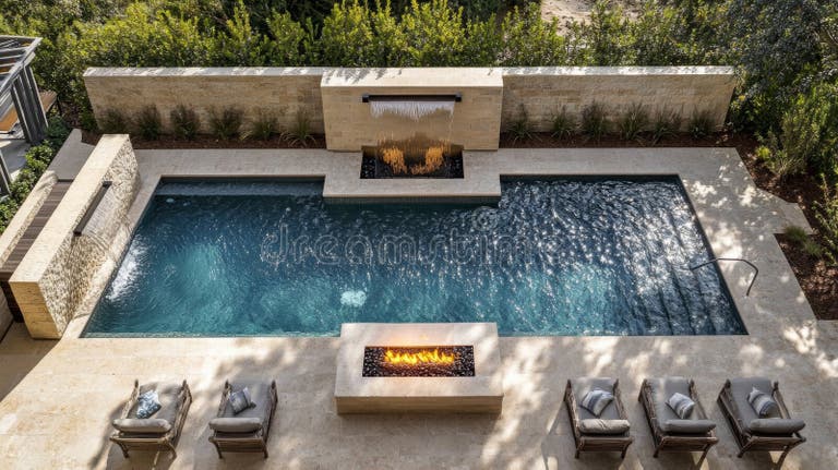 Modern Outdoor Pool with Waterfall Feature and Fire Pit Surrounded by ...