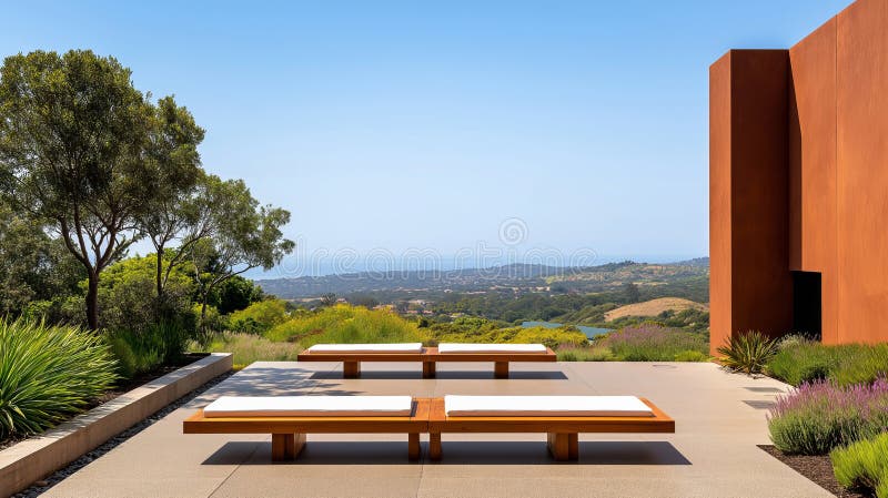 Modern Outdoor Relaxation Space with Ocean View and Minimalist Benches ...