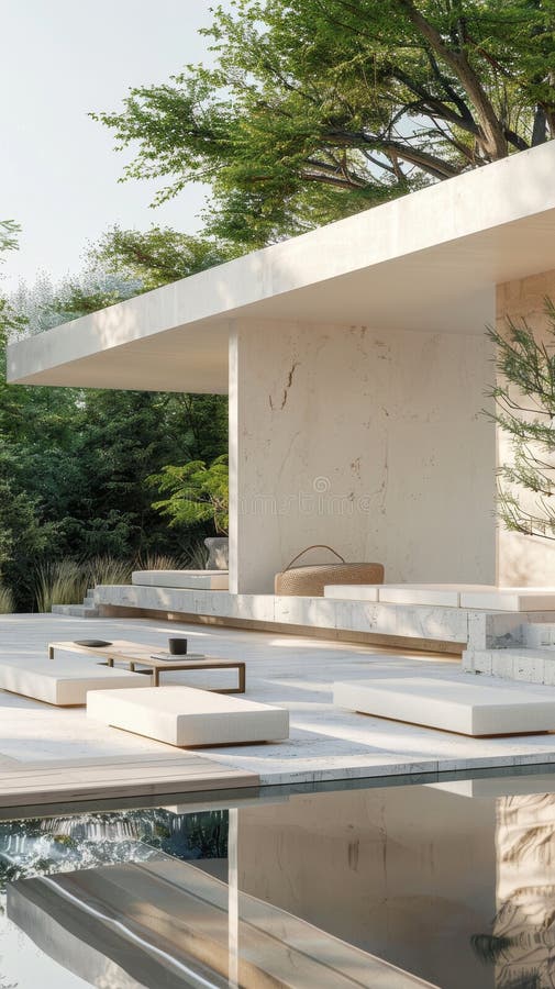 Modern Outdoor Seating Area with Trees and Reflective Pool Stock Image ...