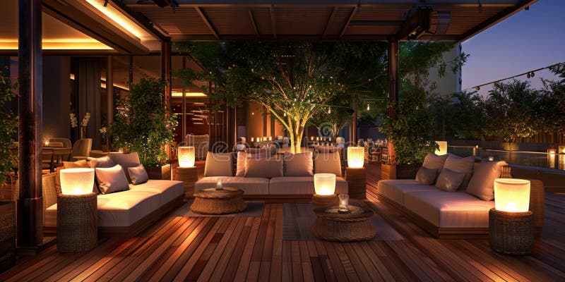 A Modern Outdoor Seating Space with Modular Sofas and Sleek Floor Lamps ...