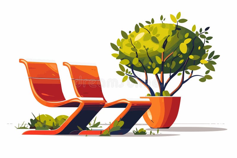 Modern Outdoor Seats and Tree Pot Isolated Vector Style Stock Vector ...