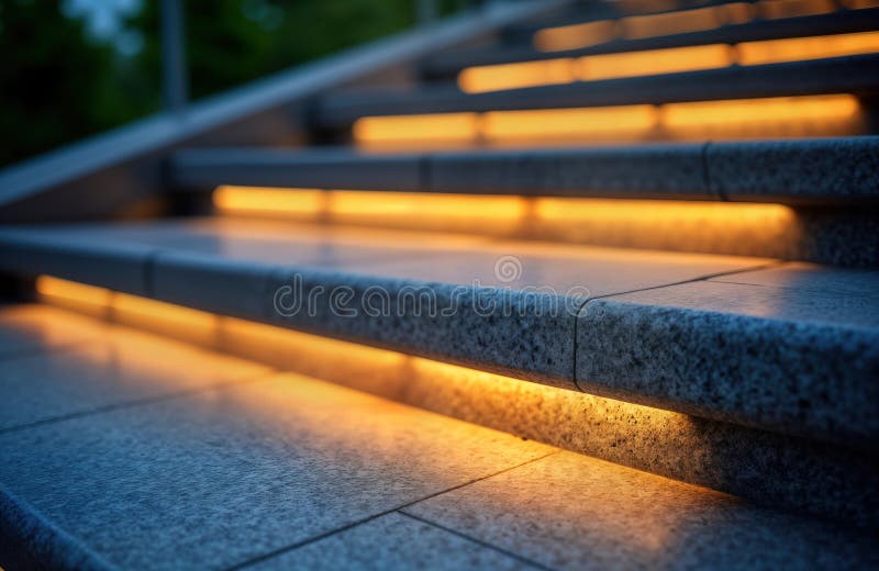 Modern Outdoor Staircase Design at Night. Illuminated with Warm Light ...