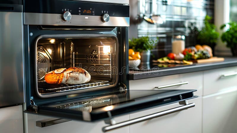 A Modern Oven with Bread Inside it Stock Photo - Image of drawer, inside: 321955858
