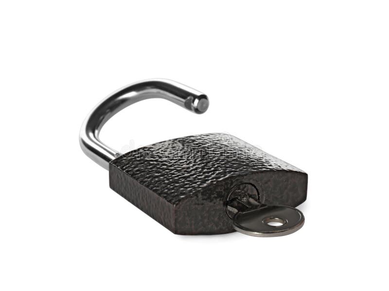 Modern Padlock with Key Isolated on White Stock Photo - Image of ...