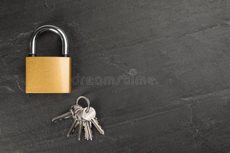 Modern Padlock with Keys on Black Table, Flat Lay. Space for Text Stock ...