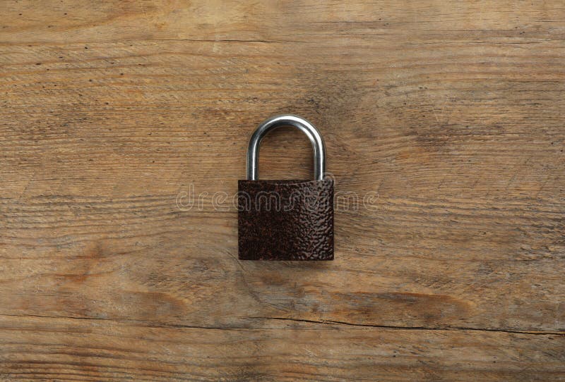 Modern Padlock on Wooden Table, Top View Stock Image - Image of detail ...