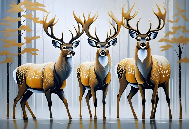 Modern Painting of 3 Deer in Forest Stock Illustration - Illustration ...