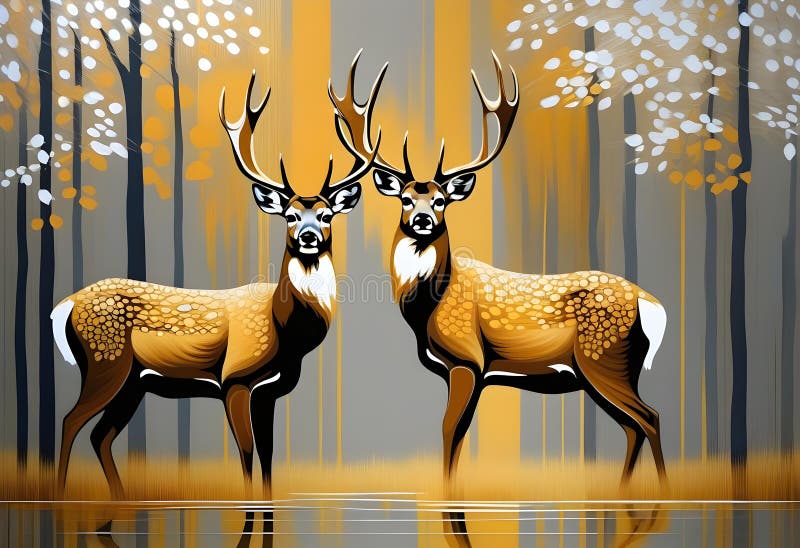 Modern Painting of 3 Deer in Forest Stock Illustration - Illustration ...