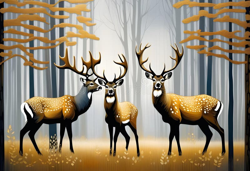 Modern Painting of 3 Deer in Forest Stock Illustration - Illustration ...