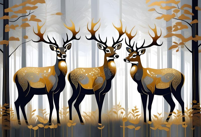 Modern Painting of 3 Deer in Forest Stock Illustration - Illustration ...