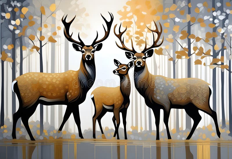 Modern Painting of 3 Deer in Forest Stock Illustration - Illustration ...
