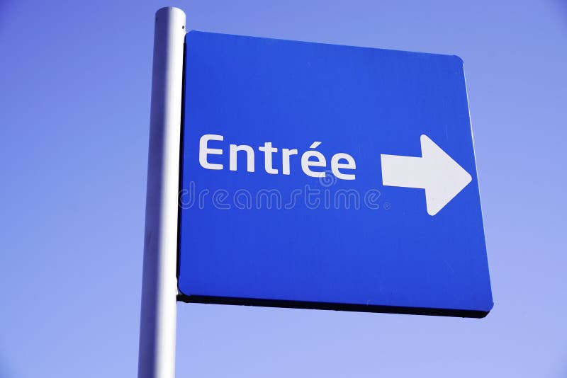 Modern Panel Blue Sign with Entrance Text and White Arrow Stock Image ...