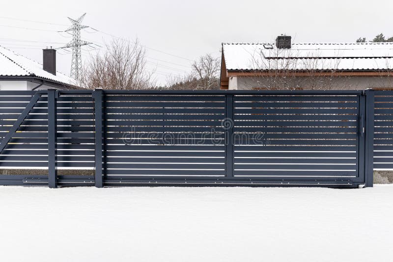 Modern Panel Fence in Anthracite Color, Visible Sliding Gate and Snow ...