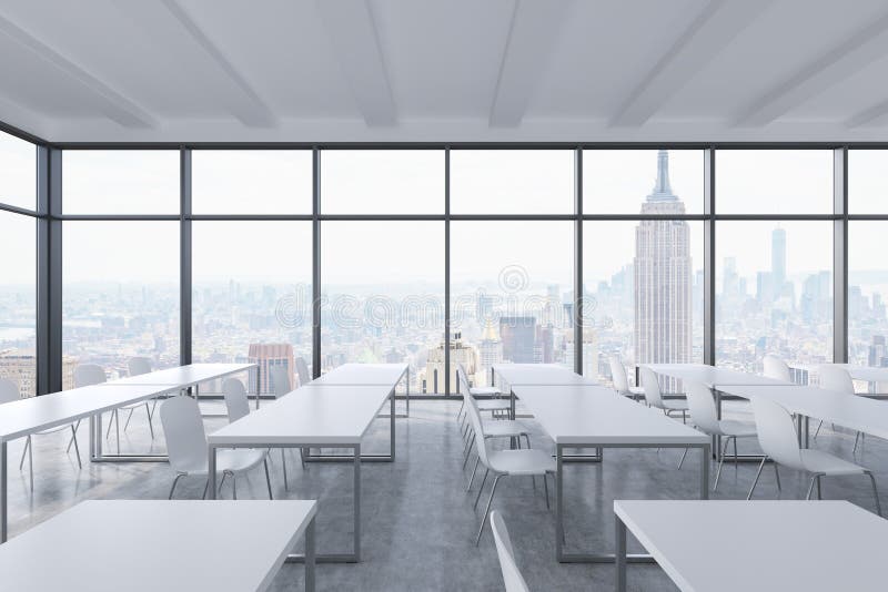 A Modern Panoramic Classroom with New York View. White Tables and White ...