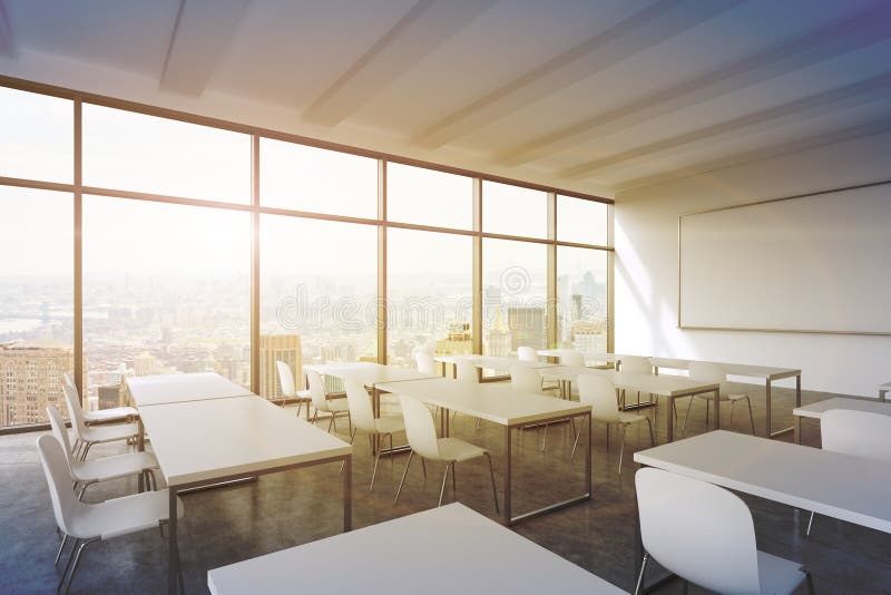 A Modern Panoramic Classroom with New York View. White Tables and White ...