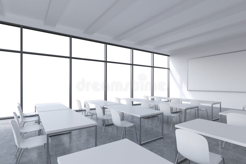 A Modern Panoramic Classroom with White Copy Space in the Windows ...