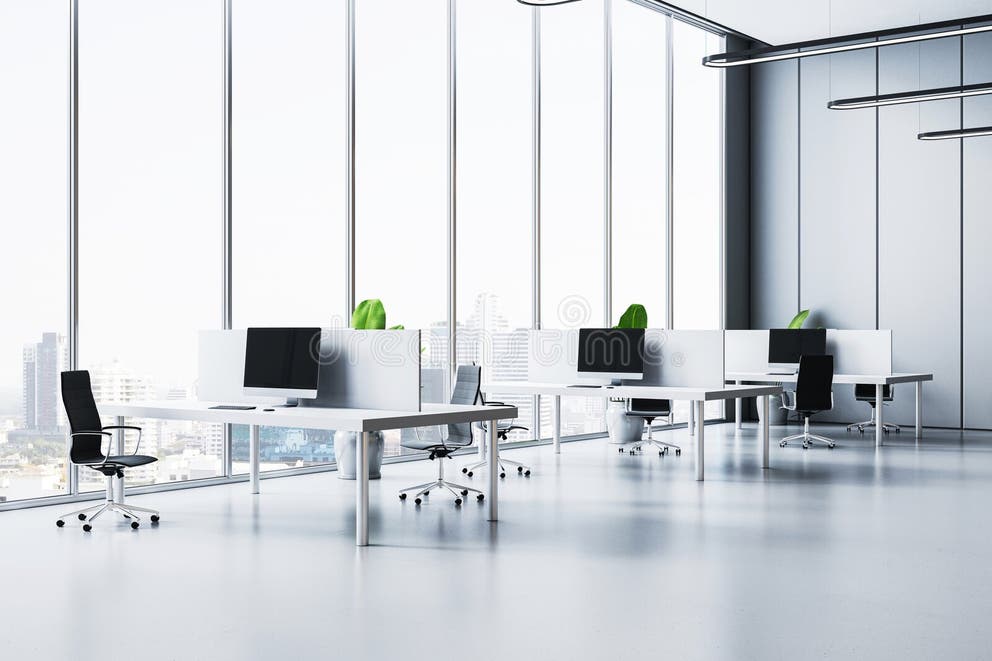 Modern Panoramic Office Interior with Desks, Chairs, and Computers. 3D ...