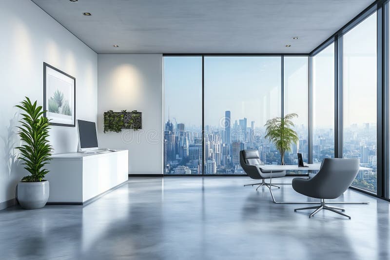 Modern Panoramic Office Interior Showcasing City Skyline and ...