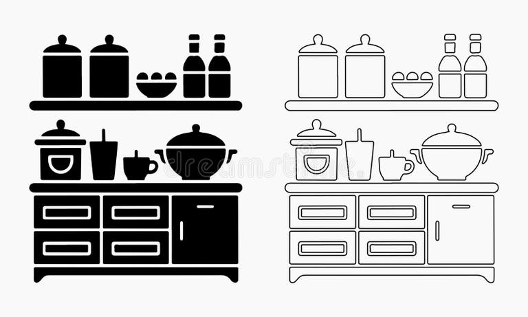 Modern Pantry Shelf Icon Set in Solid and Outline Style for Kitchen ...