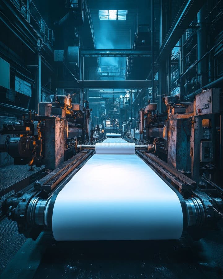 Modern Paper Mill Interior with Large White Paper Roll on Blue Conveyor ...