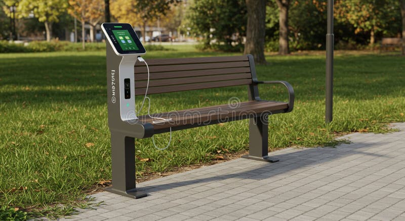 Modern Park Bench with Built-in Charging Station, Featuring a Digital ...