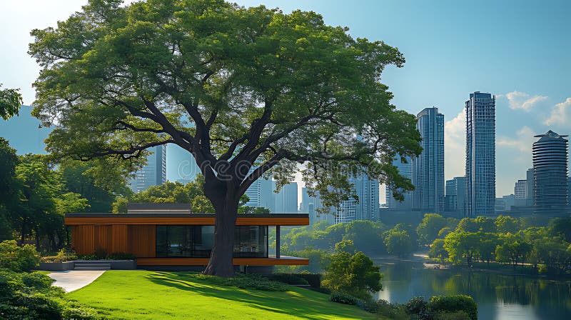 Modern Park Building, Tree, City Skyline, Lake, Sunrise Stock ...