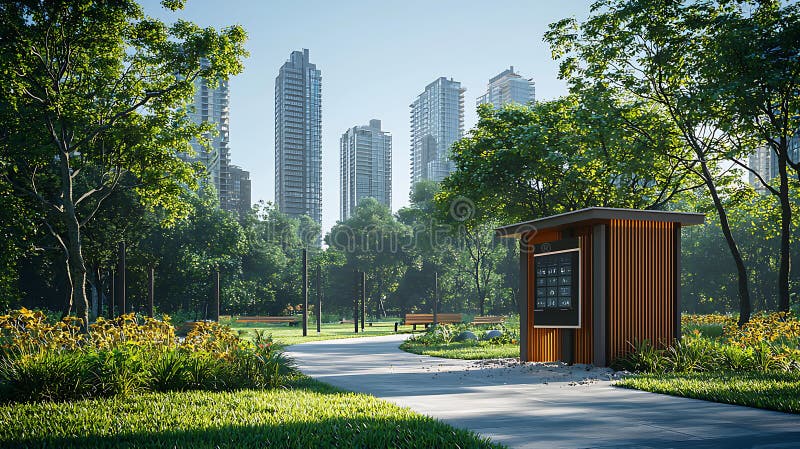Modern Park with High Tech Information Station Surrounded by Greenery ...