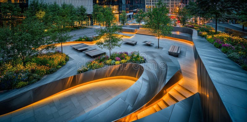 The Modern Park, Illuminated at Night, Features Benches Stock Image ...