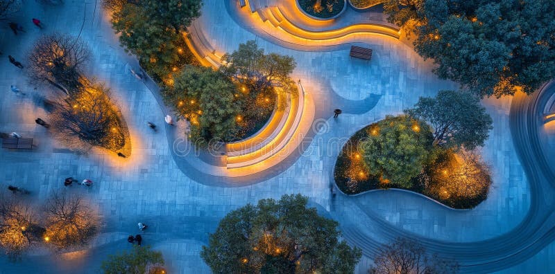 The Modern Park, Illuminated at Night, Features Benches for Visitors ...