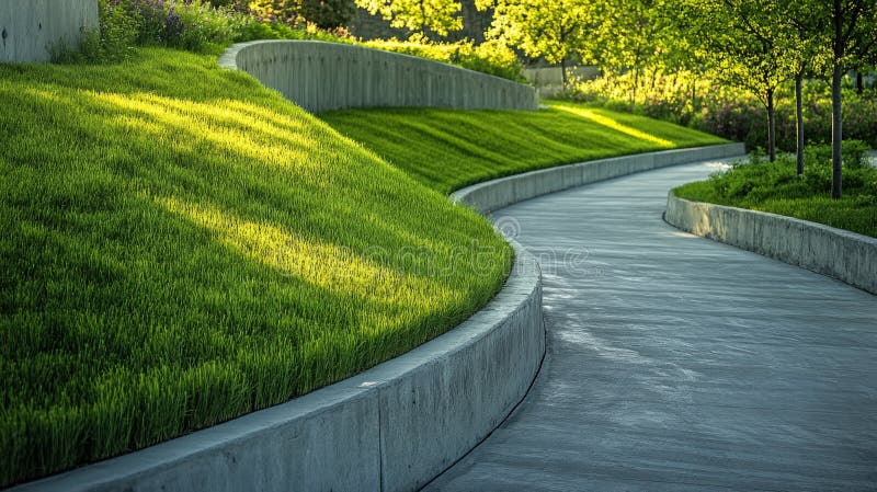 Modern Park Path Winding through Lush Landscaping Stock Illustration ...