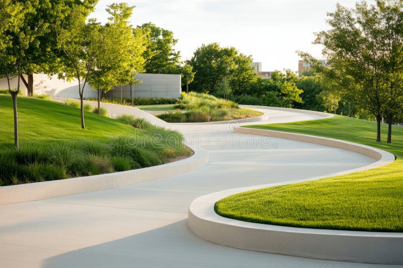 Modern Park Pathway with Green Landscaping Stock Photo - Image of grass ...
