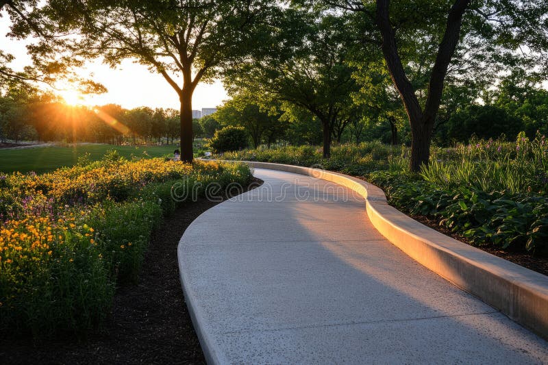Modern Park Pathway with Green Landscaping Stock Photo - Image of ...