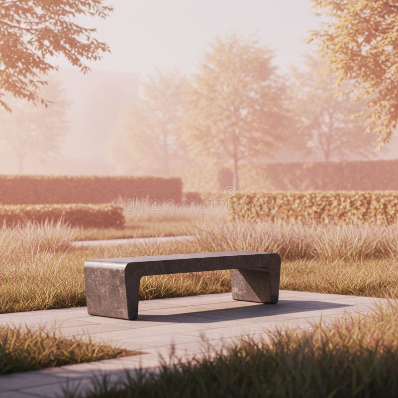 Modern Park Setting with a Sleek, Minimalist Gray Bench Placed on a ...