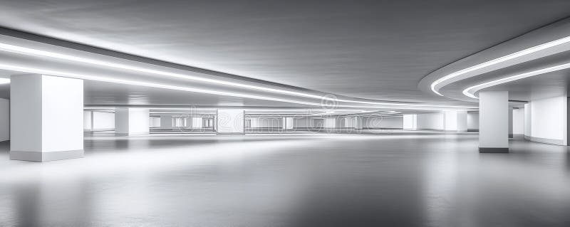 Modern Parking Garage Design White Columns, Curved Ceiling, LED ...