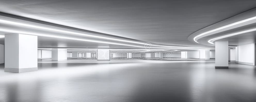 Modern Parking Garage Design White Columns, Curved Ceiling, LED ...
