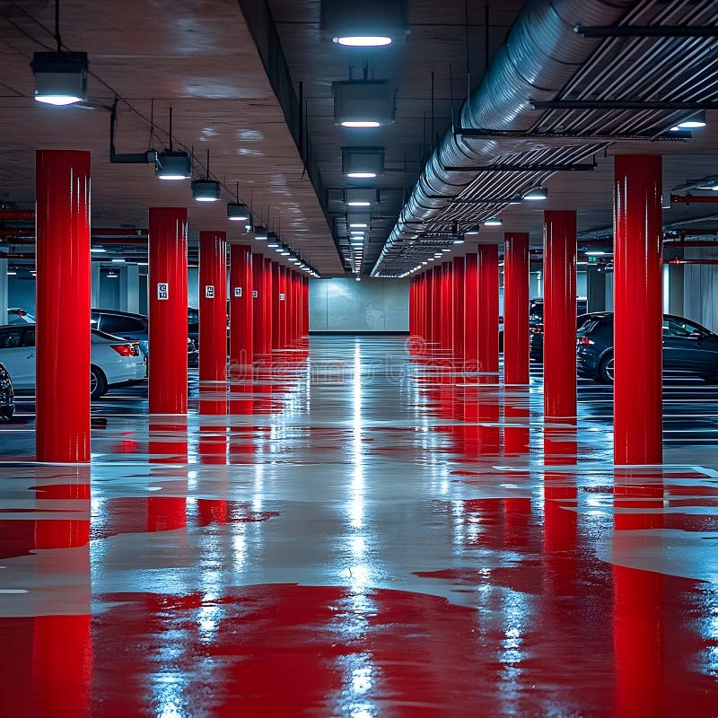 Red Parking Garage Reflections Stock Image - Image of ceiling ...