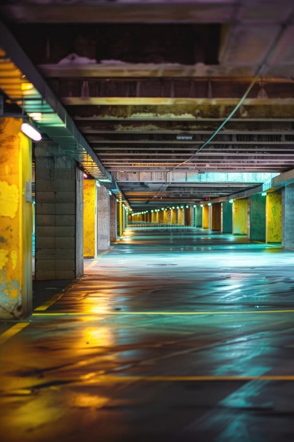 A Modern Parking Garage with Yellow and Green Lights Illuminating the ...