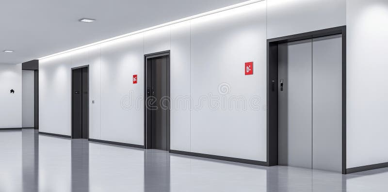 A Modern Passage with Reflective Floors and Elevator Doors in a Present ...