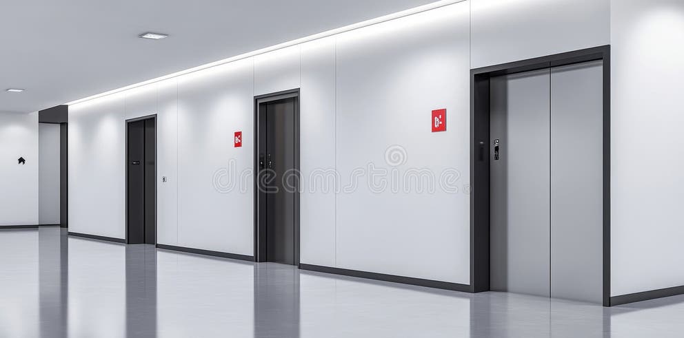 A Modern Passage with Reflective Floors and Elevator Doors in a Present ...
