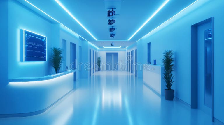 A Modern Passageway with Broad Entrances Illuminated by Neon Lights ...