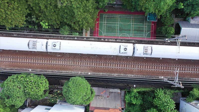 Top Down High Speed Train from Sky. Fast Train Passing from Right To ...