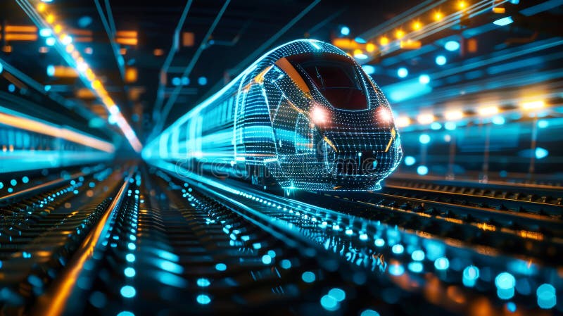 A Modern Passenger Train Travels through a Tunnel Aglow with ...