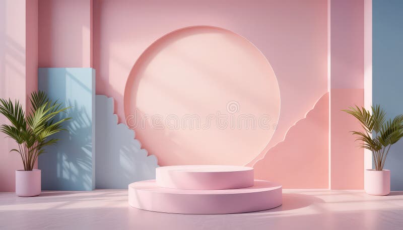 Modern Pastel Backdrop with Circular Stage and Plants Stock ...