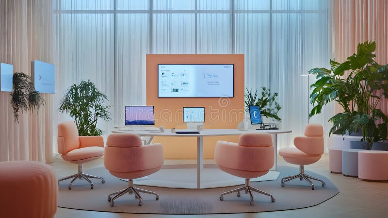 Modern Pastel Pink Office Interior Design with Soft Lighting Stock ...