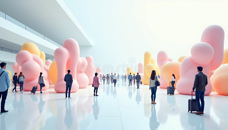 Modern Pastel Sculpture Installation in Bright Hall: Figures among ...
