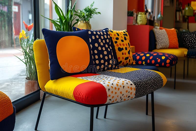 Modern Patchwork Armchair with Vibrant Geometric Patterned Cushions in ...